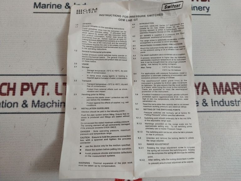 Switzer Instrument Gt200pb Pressure Switch - Aeliya Marine